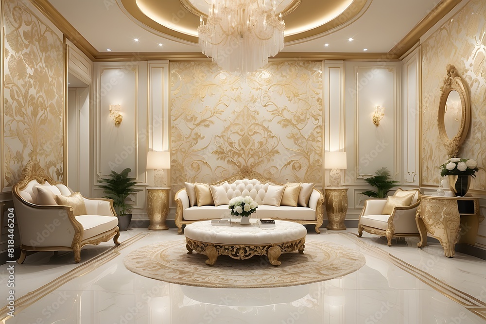 Royal luxury living room interior design, modern cream and golden ...