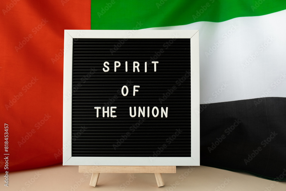 SPIRIT OF THE UNION text frame on United Arab Emirates waving flag made ...