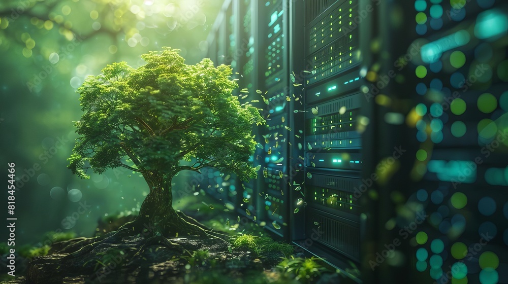 Tree of Knowledge Growing from Server A server rack transforms into a ...