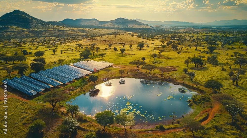 Solar power plant installation in a remote area, highlighting ...