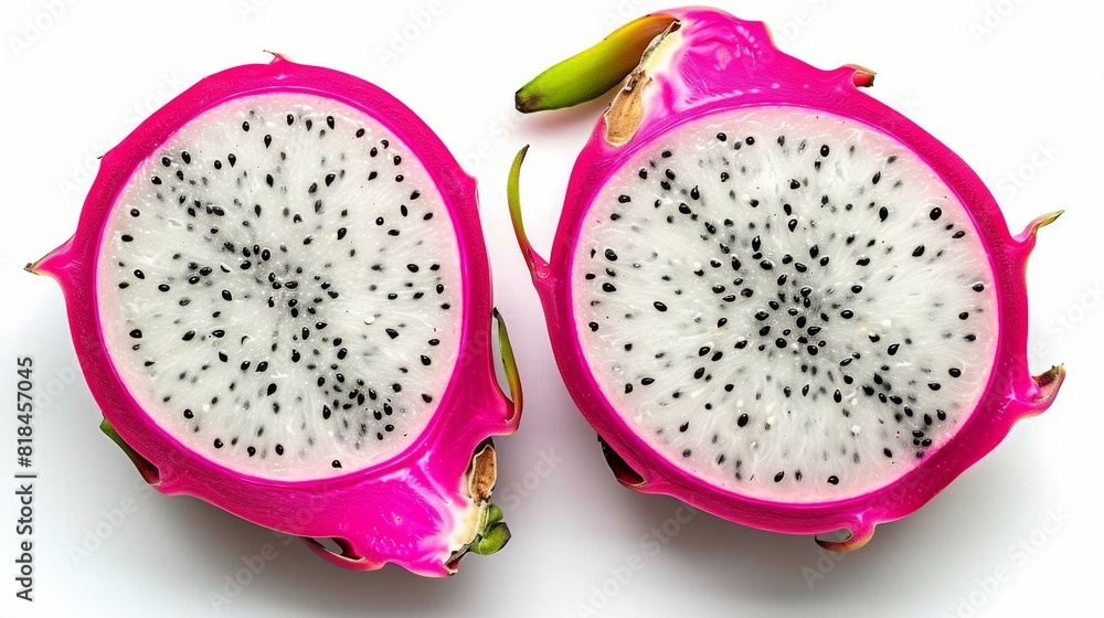 Two vibrant pink dragon fruit halves showcasing their white, speckled ...