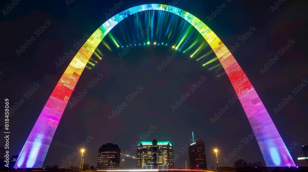 Gateway Arch in St. Louis with rainbow lighting illuminating the iconic ...