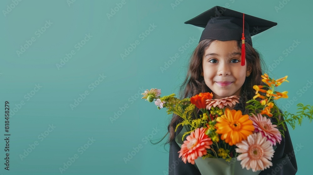 Faceless child in a graduation cap and gown holding a bouquet of ...