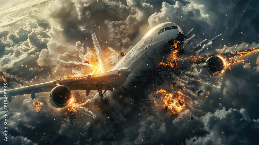 airplane falling apart in mid-air, explosions and sparks engulfing the ...
