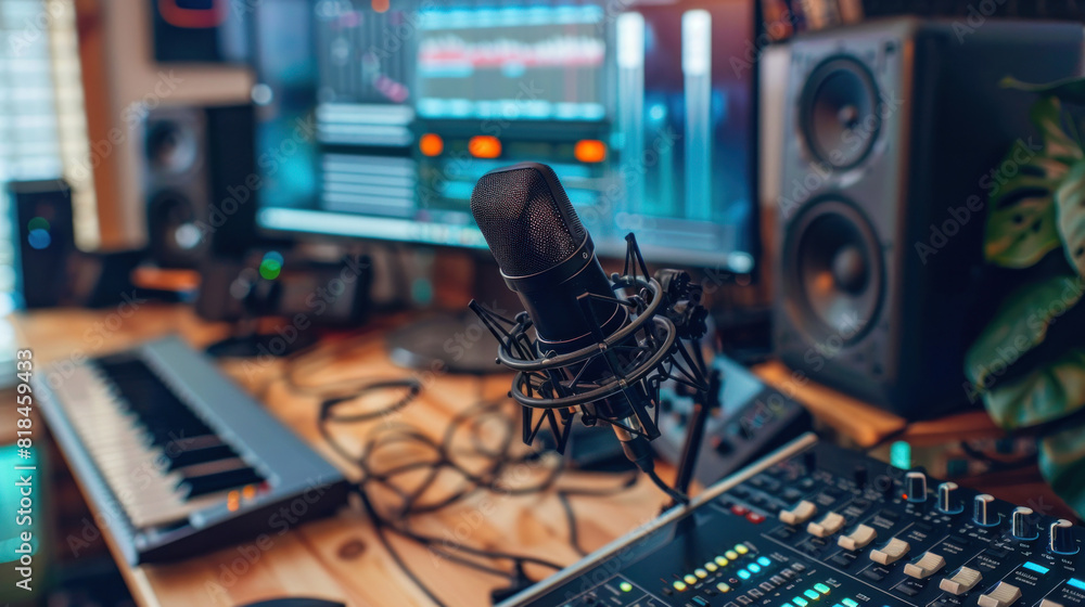 Design a sleek professional podcast studio setup featuring a high ...