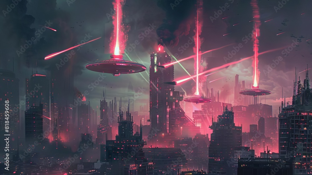 apocalyptic alien invasion in futuristic megacity with flying saucers ...