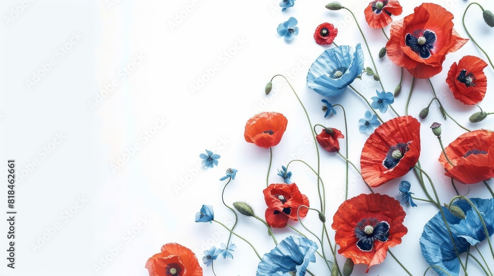 elegant blue and red poppy flower footer design with white background ...