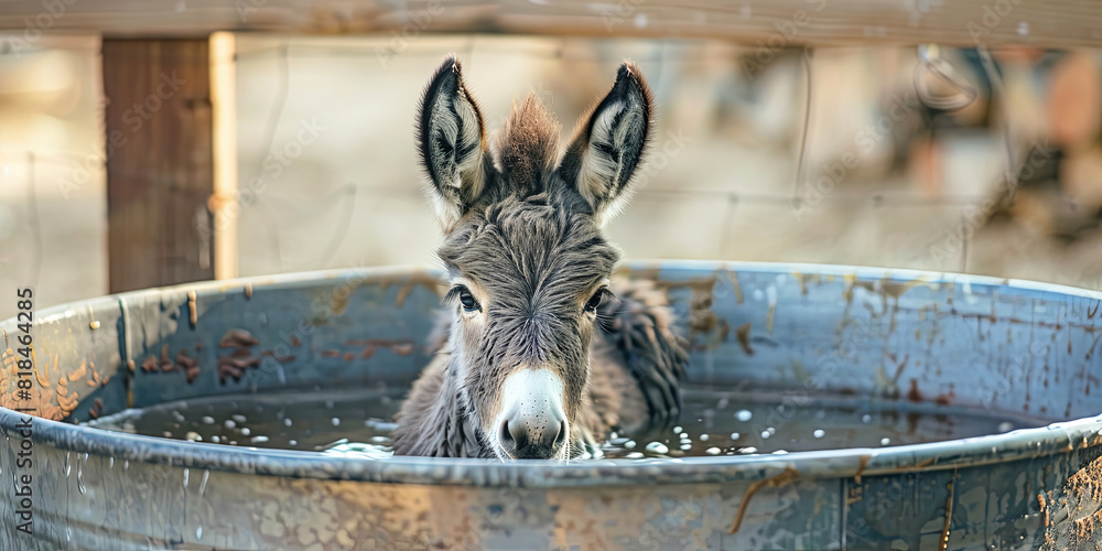 an adorable baby donkey in the water inside a metal tub, generative AI ...