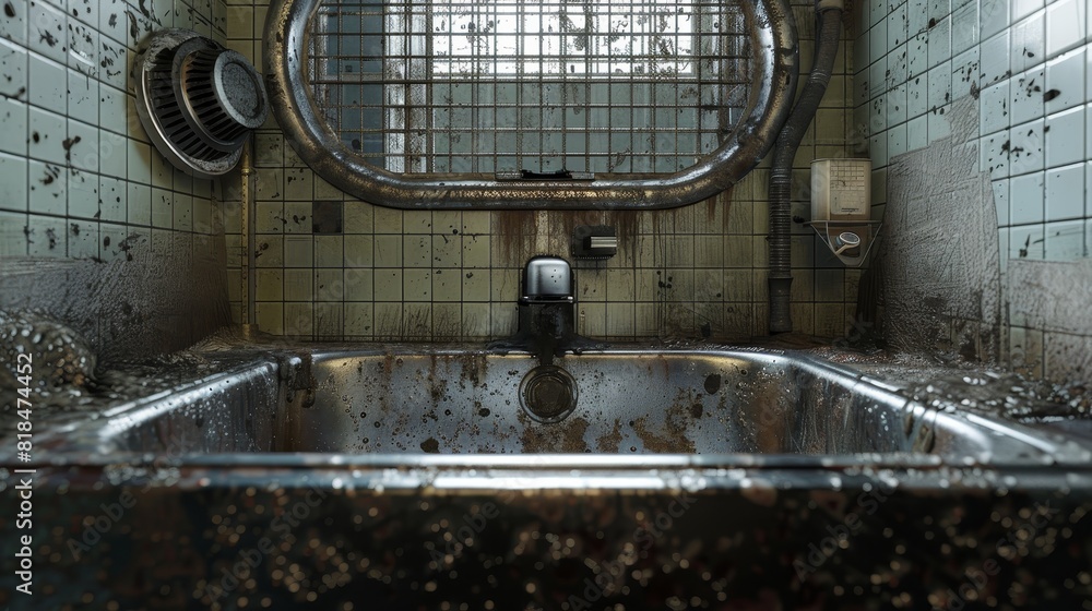 Grimy industrial sink in a tiled room - An old, dirty industrial sink ...