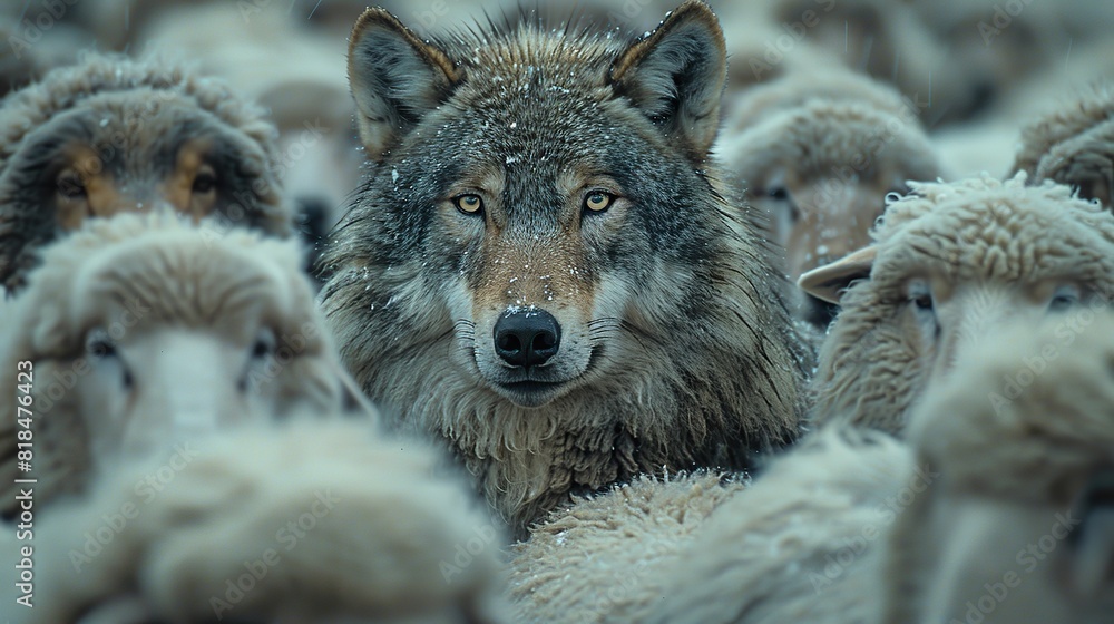 a wolf hiding among a flock of sheep leading the way or waiting for the right moment to act ...
