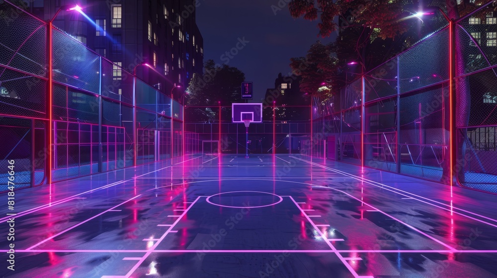 Neon lit urban basketball court at night - A futuristic basketball ...