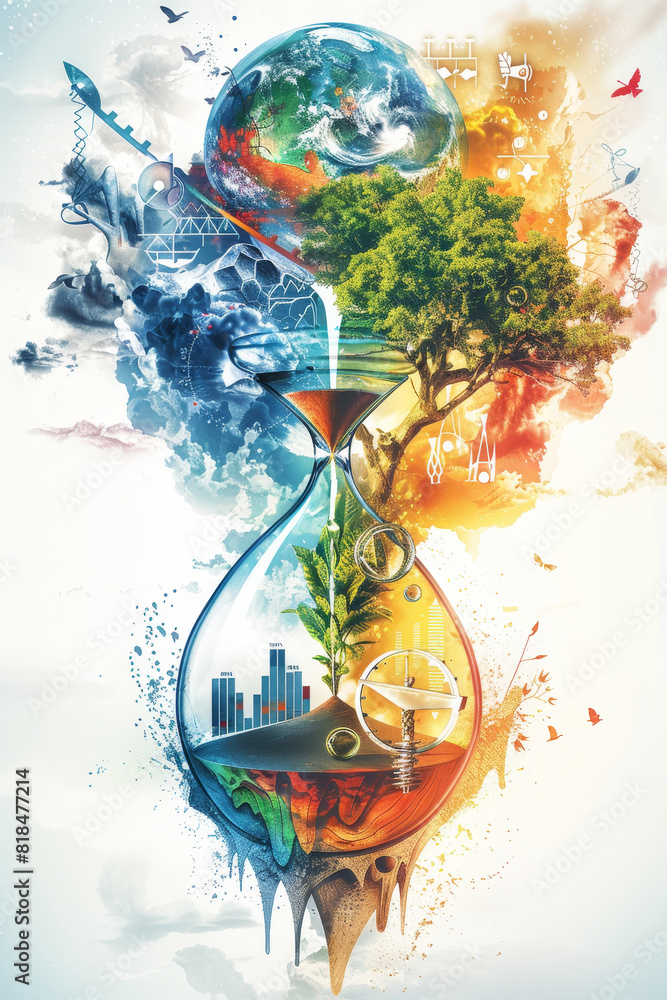 Hourglass with nature, urban life, and seasons - Vibrant hourglass ...