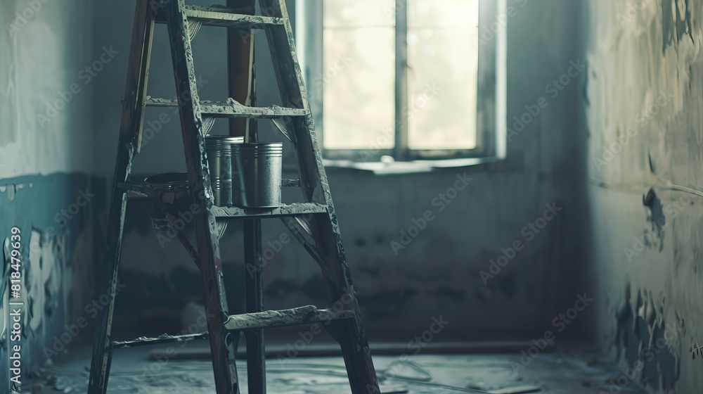 paint cans, brushes, and drop cloths on a step ladder. Empty room with ...