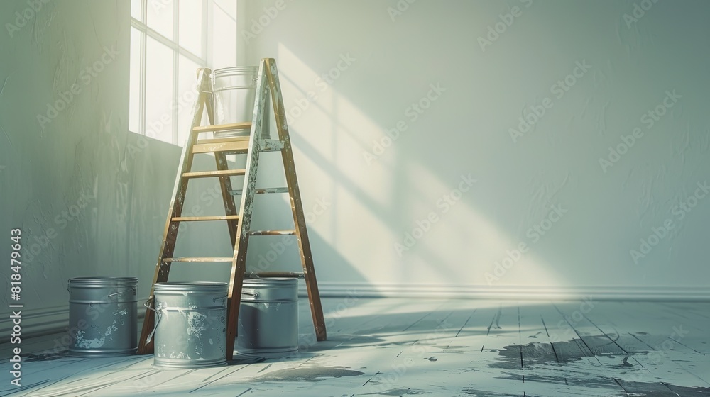 paint cans, brushes, and drop cloths on a step ladder. Empty room with ...