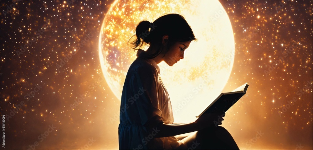 Side view of the silhouette of a girl reading a book with cosmic ...