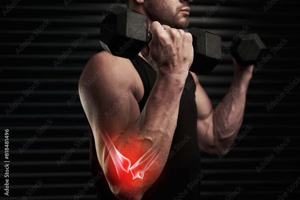 Man, arm and weight lifting with muscle skeleton in gym with 3d anatomy ...