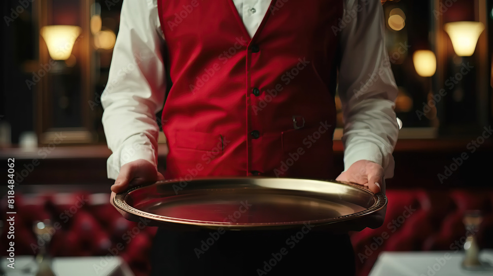 Waiter tray butler hand serve hold plate isolated white man silver ...