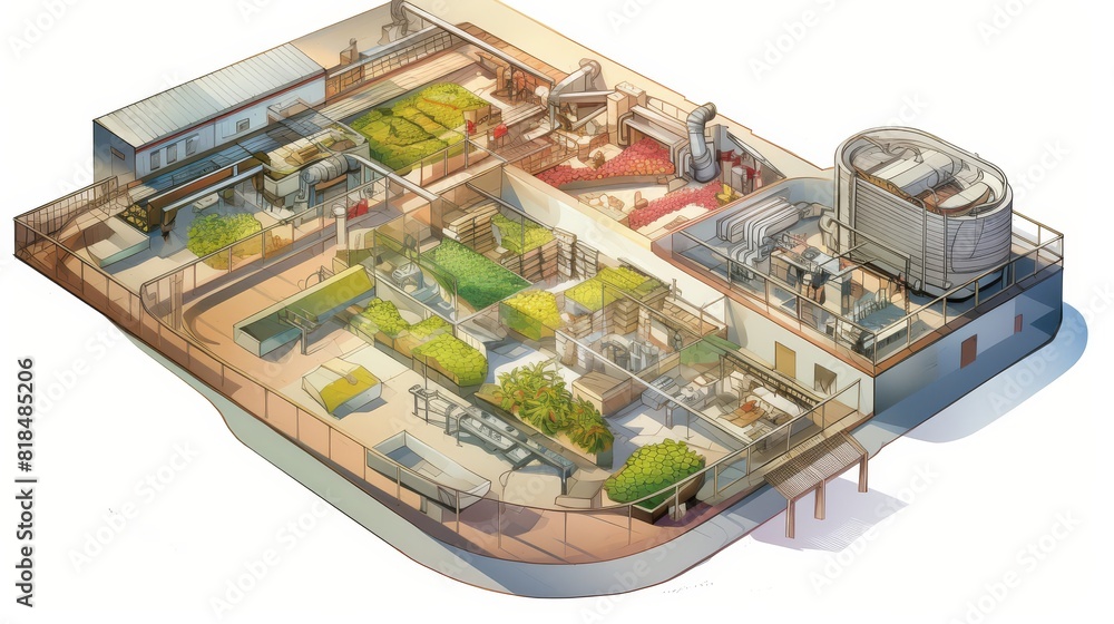 Comprehensive 3D isometric model of a seed processing facility, sorting ...