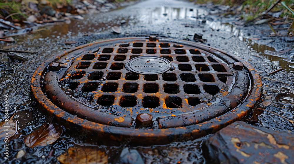 Cast iron water main manhole cover in potholed Stock Photo | Adobe Stock