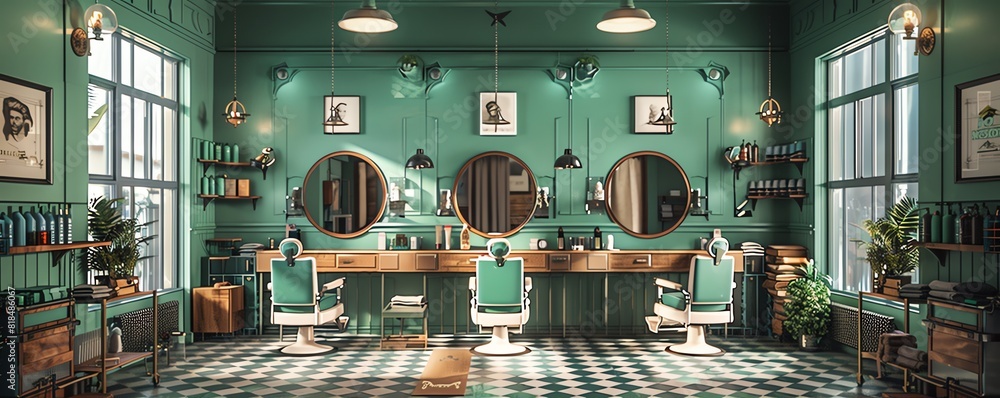 Create a visually stunning image of a mens barber shop, emphasizing the ...