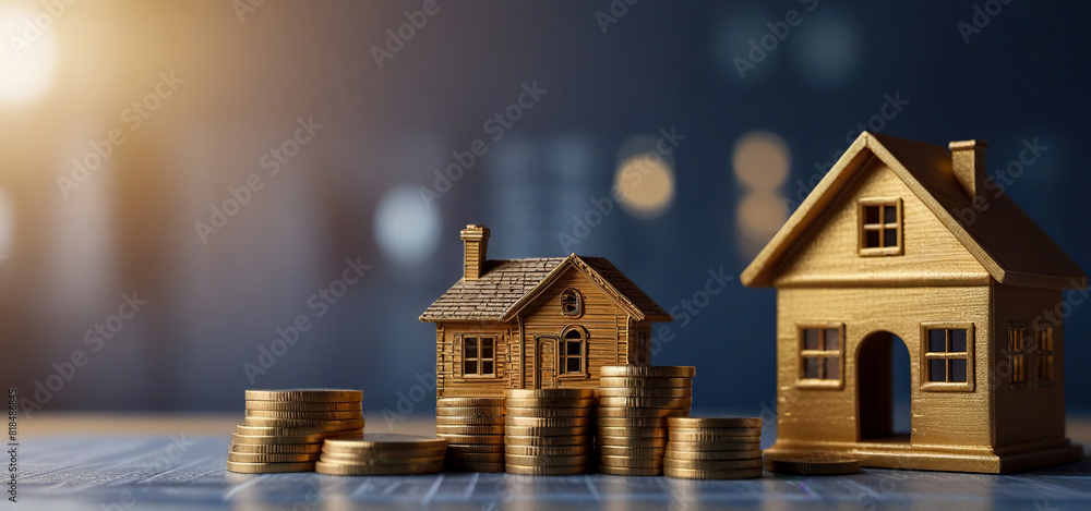 Real estate and home concept, close up of a golden house model and ...