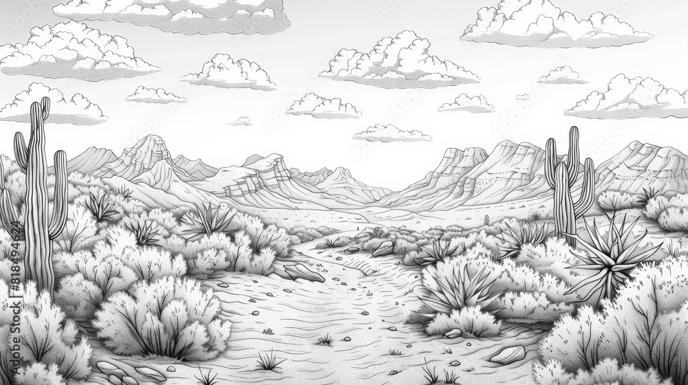 coloring book The black and white desert scene with cacti and mountains ...