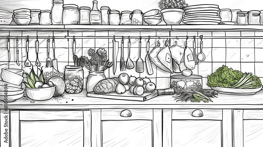 coloring book The image shows a kitchen counter with a variety of food ...