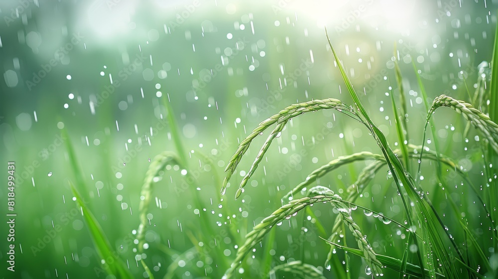 Simple light green gradient background with a lot of rice, wheat ears ...