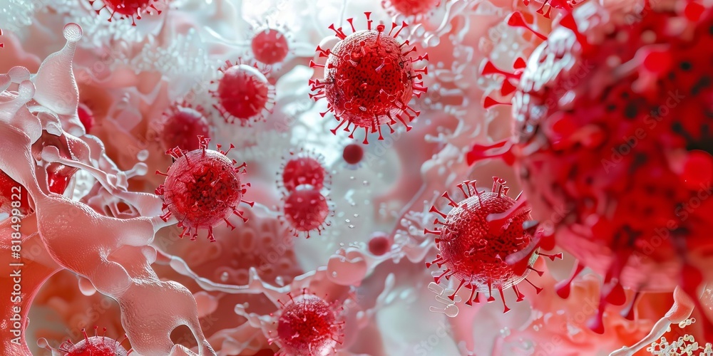 High-detail close-up of viruses with red and white structures, vivid ...