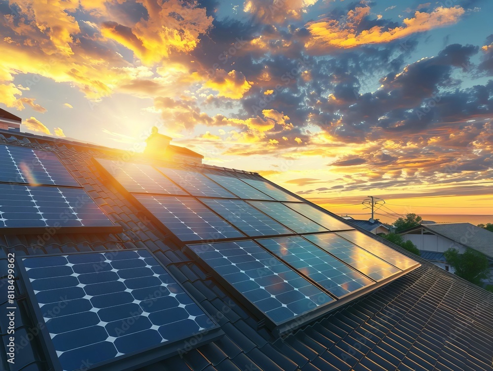Rooftop solar installation during sunset, detailed, vibrant ...