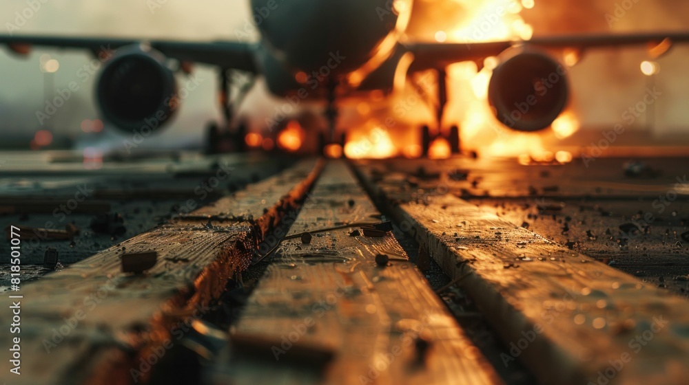 Airplane on runway with fiery engine travel disaster concept with ...