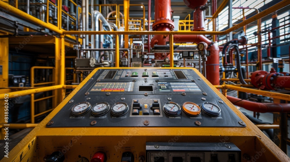 Detailed view of an oil pipeline pumping station, with control panels ...