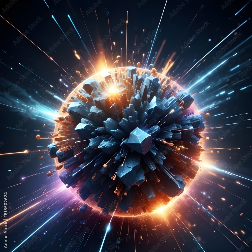 Abstract tech background with digital particles explosion, quantum core and computing network ...