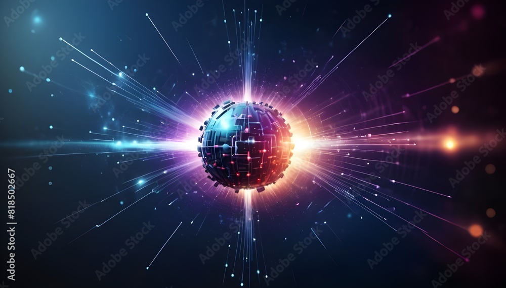 Abstract tech background with digital particles explosion, quantum core and computing network ...