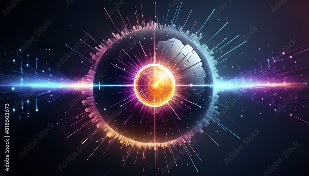 Abstract tech background with digital particles explosion, quantum core ... Abstract tech background with digital particles explosion, quantum core ...