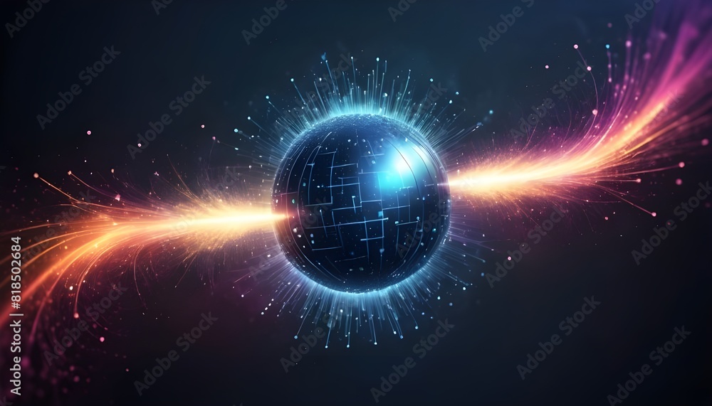 Abstract tech background with digital particles explosion, quantum core and computing network ...