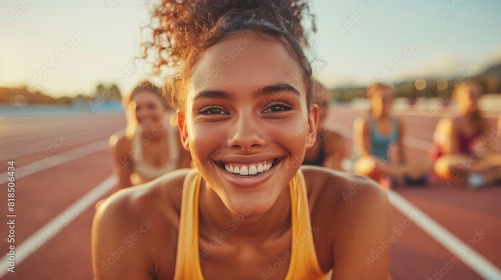 An excited female athlete bites a medal while sitting on the track with ...