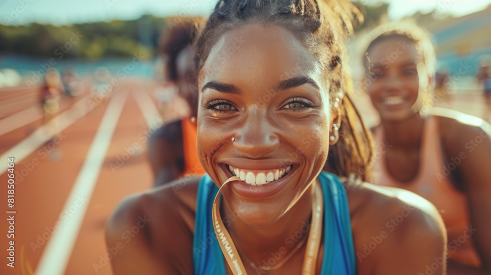 An excited female athlete bites a medal while sitting on the track with ...