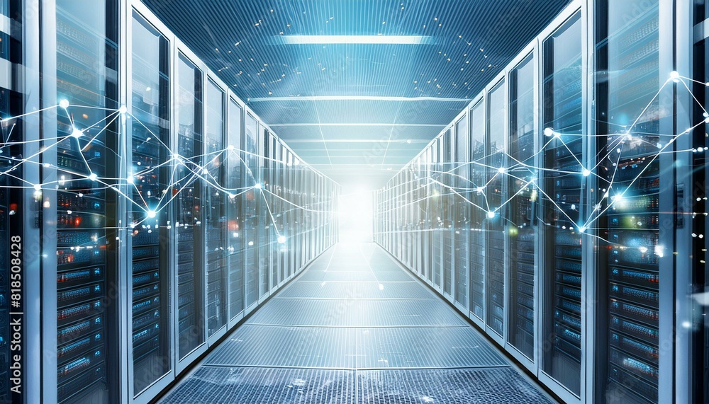 Digital information flows through the network and data servers behind ...