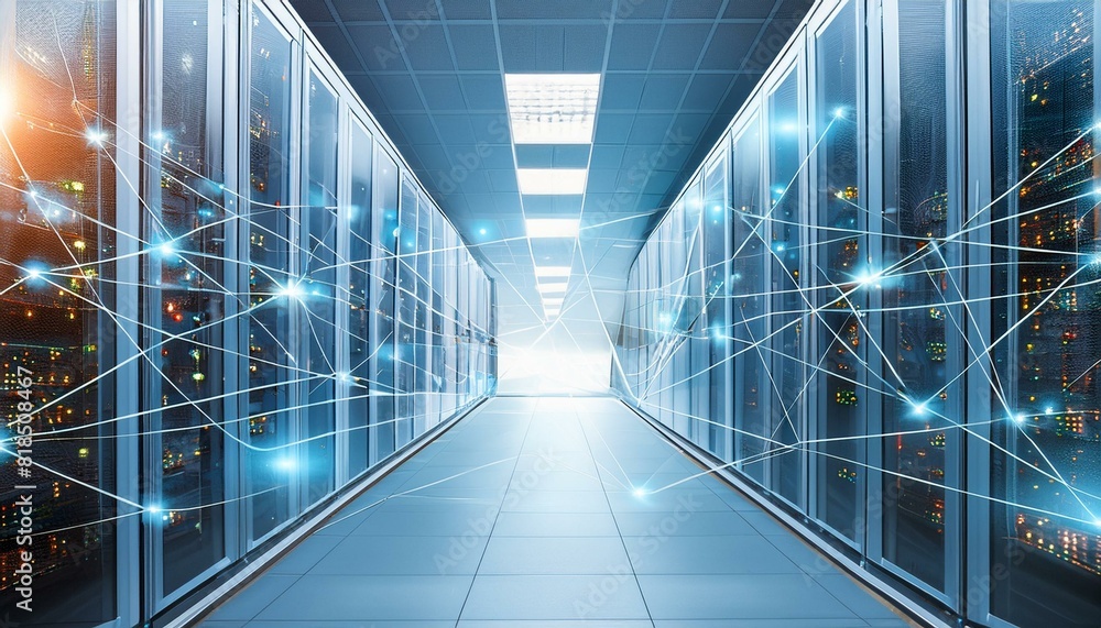 Digital information flows through the network and data servers behind ...