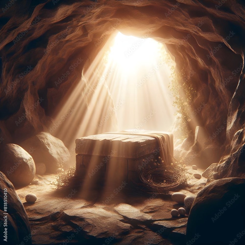 Empty tomb with stone rocky cave and light rays bursting from within ...