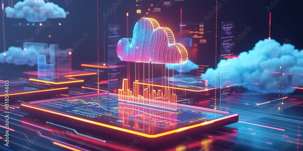 An image of electrical circuit and fluffy cloud represent cloud server ...