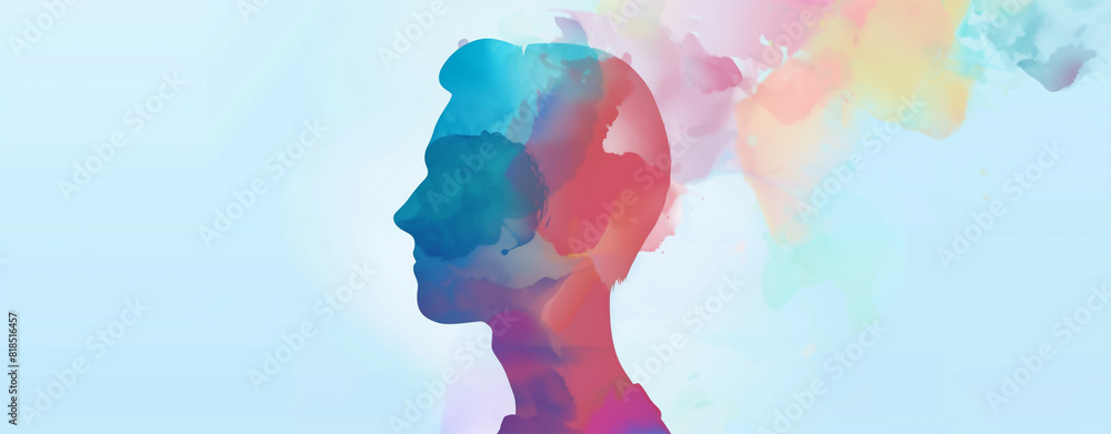 Abstract bright watercolor background with a silhouette of a man's head ...