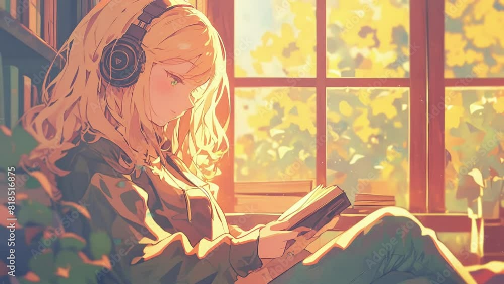 anime girl studying while listening to relaxing music. Lofi anime style ...