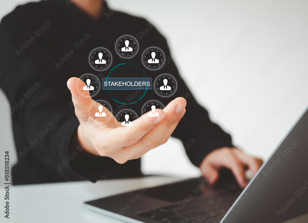 Stakeholders concept. Person touching stakeholders icon on virtual ...