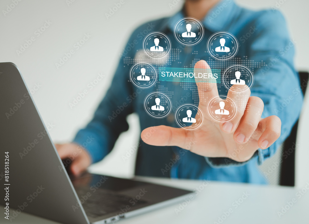 Stakeholders concept. Person touching stakeholders icon on virtual ...