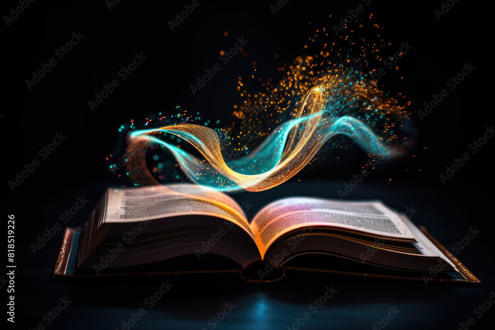 Open book with magical light and sparkles. Magic book, fairy tale ...