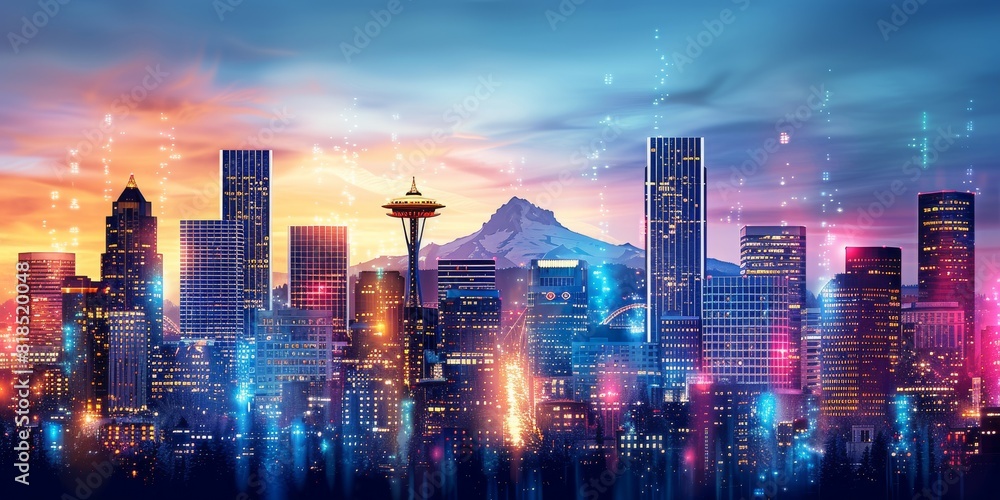Vibrant Night Skyline of Seattle with Distant Mountains, Neon Lights ...