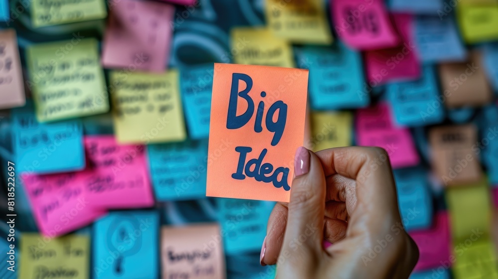 Hand holding a yellow sticky note with "Big Idea" among a vibrant ...