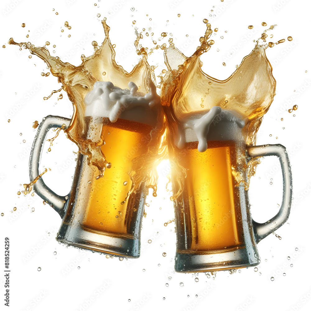 Two Beer Mugs toasting creating splash, isolated with transparent ...
